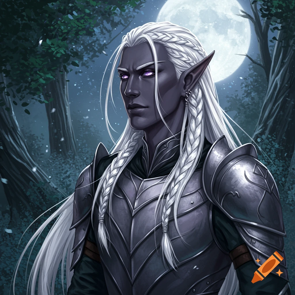 A handsome dark-skinned Drow elf male with long white braided hair and ...