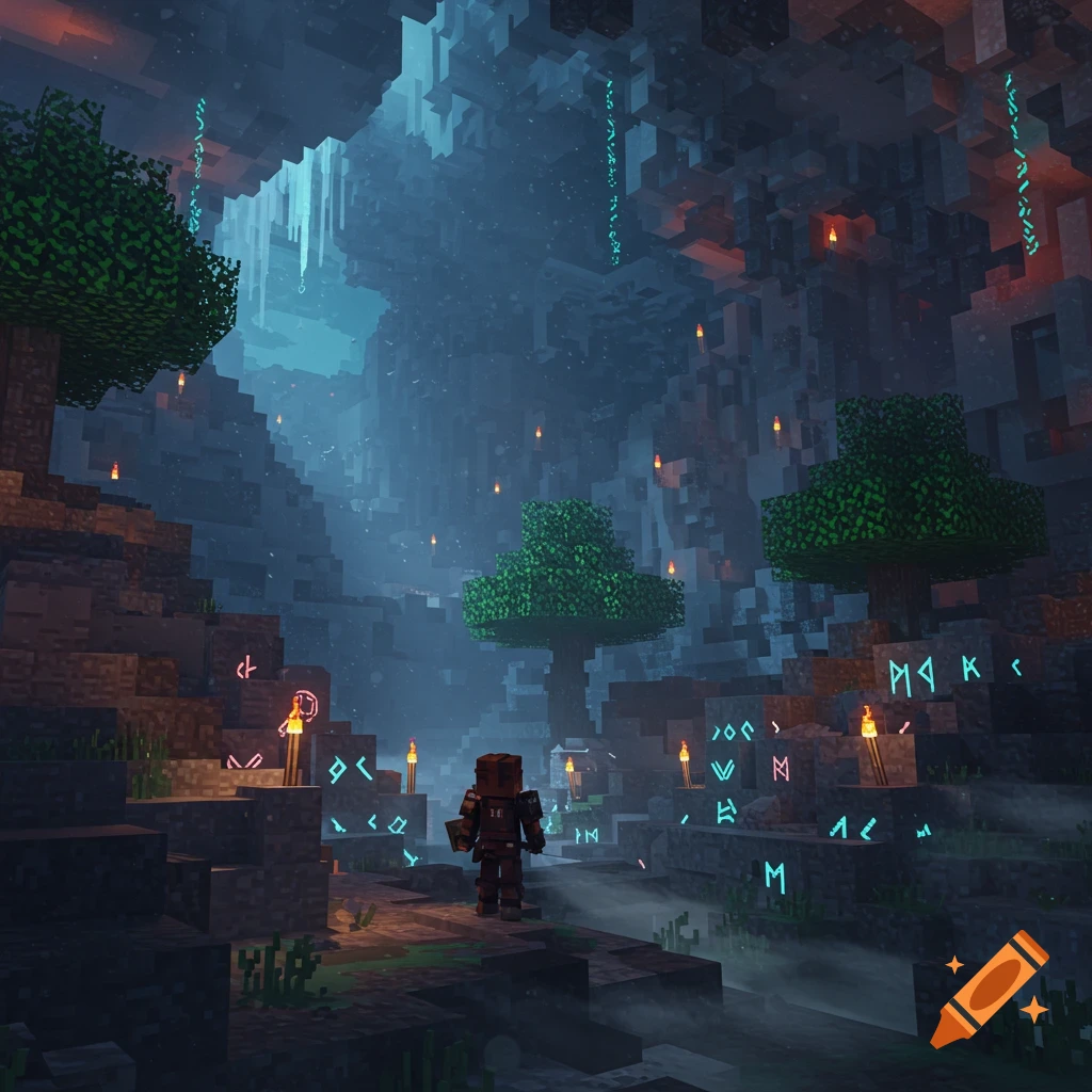 A Minecraft-style character stands in a dark fantasy cave illuminated ...