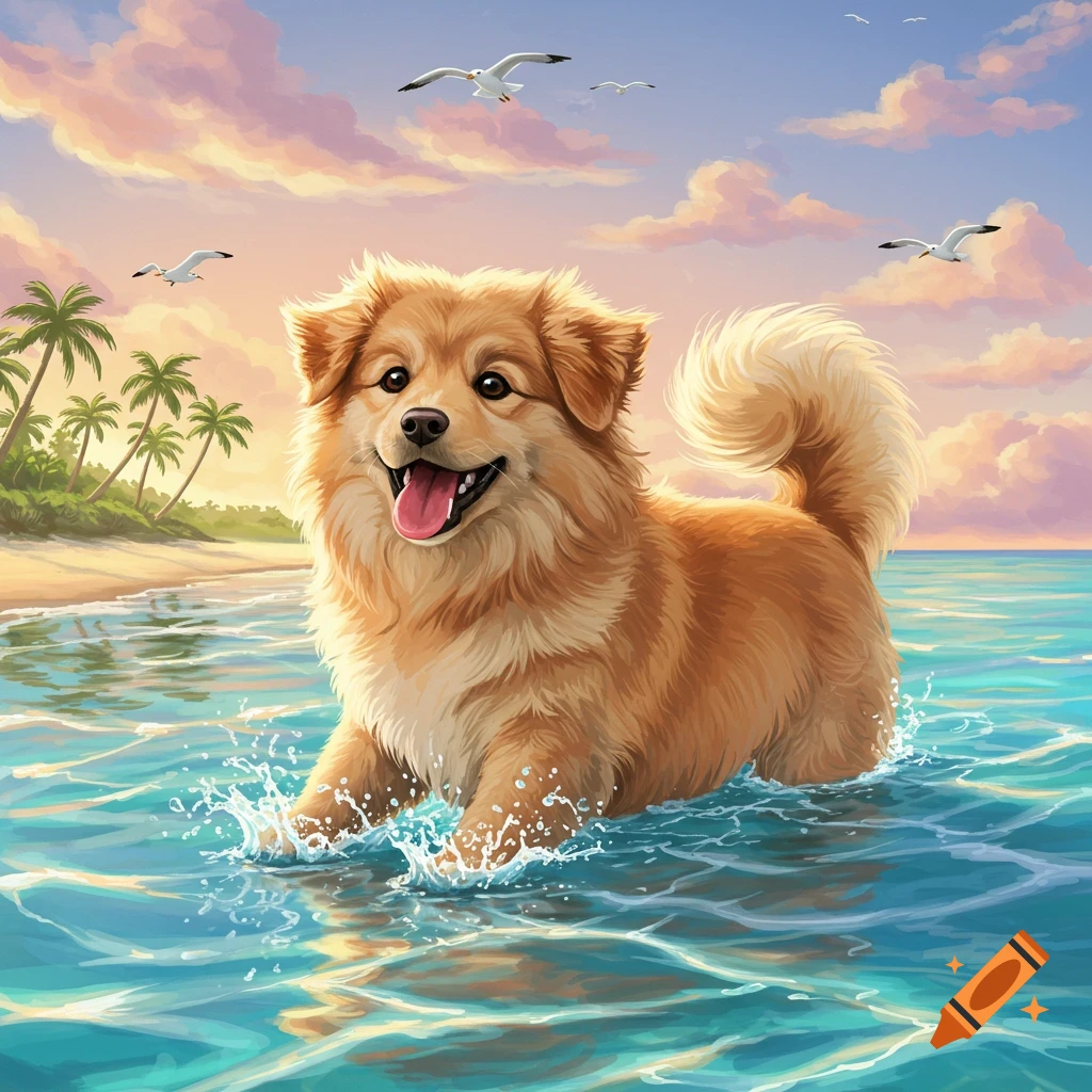 Two animated Labrador dogs relax happily in a mud hot tub under palm ...