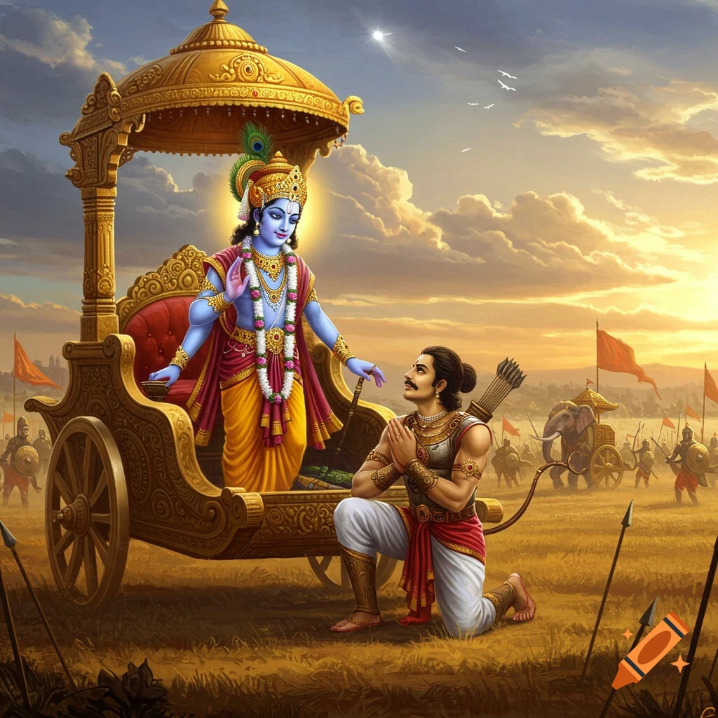 Vibrant illustration of Lord Krishna, adorned with peacock feathers ...