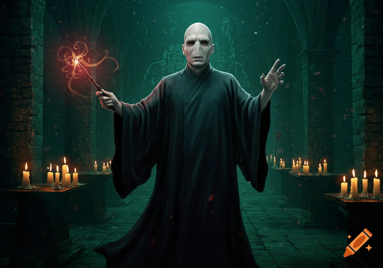 Lord Voldemort casting a spell with his wand in a dark, candlelit stone chamber. on Craiyon
