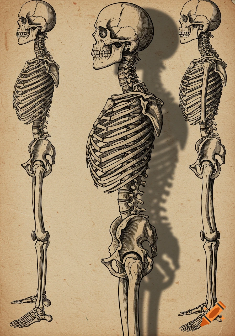 Three vintage-style anatomical drawings of human skeletons from the ...