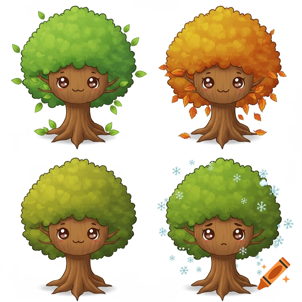Four kawaii anthropomorphic trees depicting spring, summer, autumn, and ...