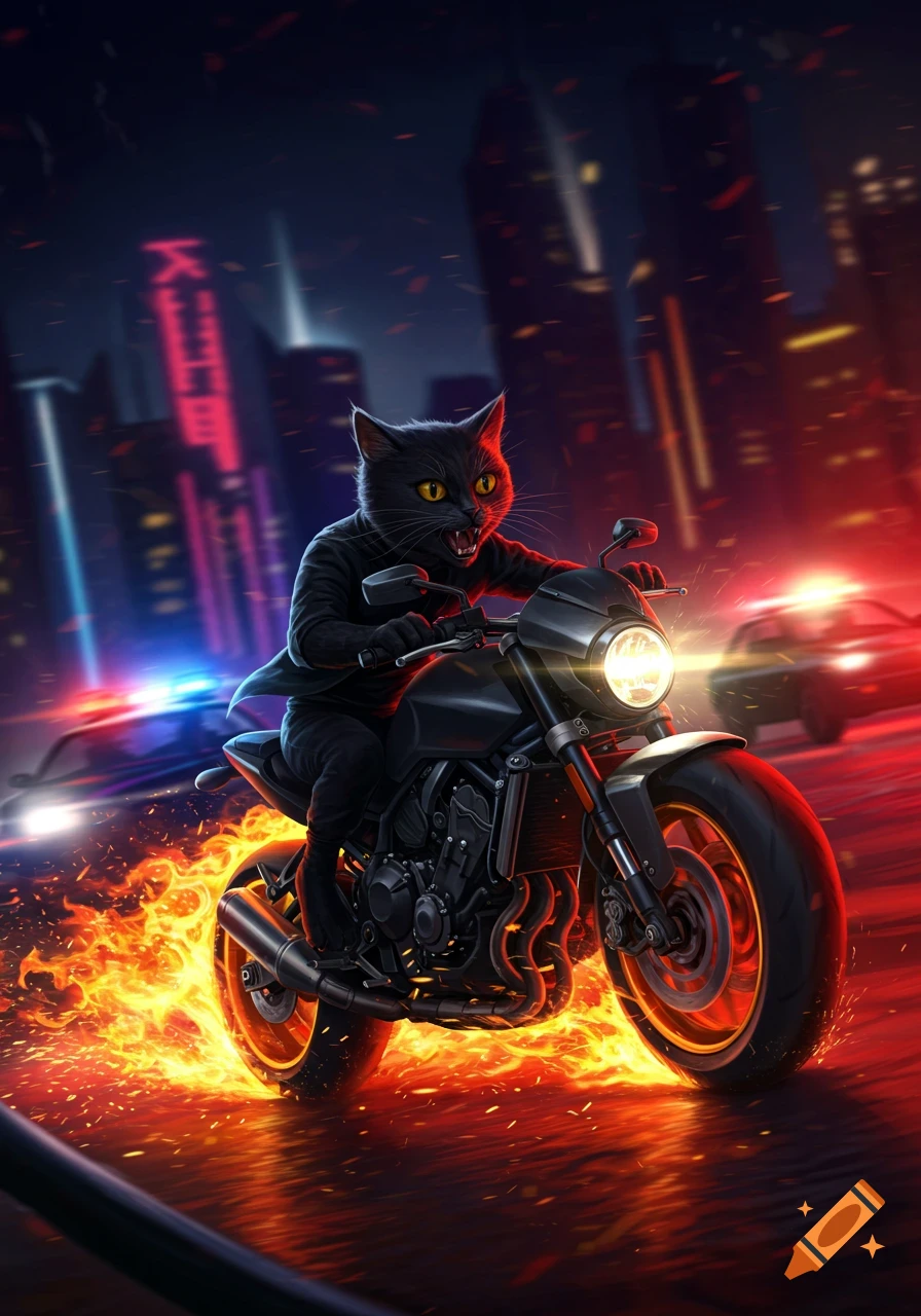 A anthropomorphic panda in a red and black racing suit rides a blue and ...