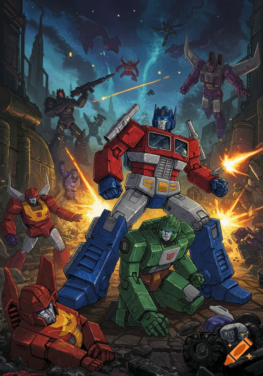 Optimus Prime stands on a city sidewalk in a cartoon style, with "Bob's ...