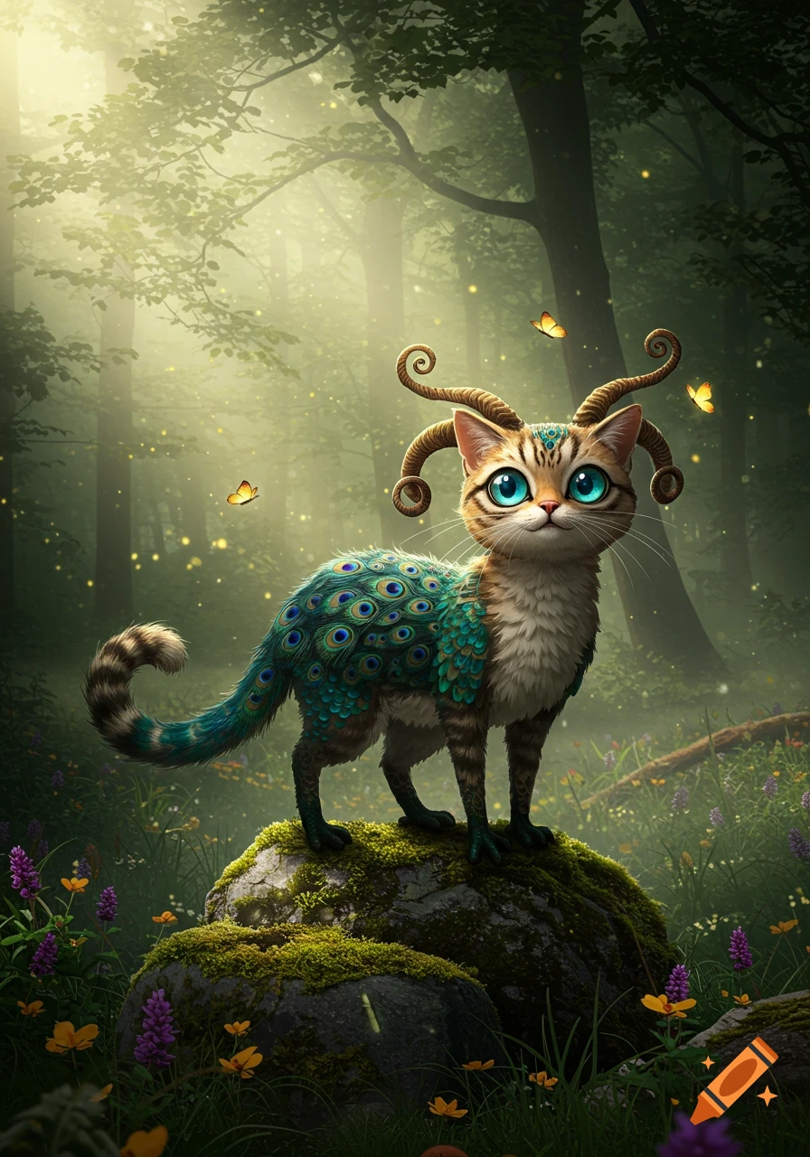 A vibrant illustration of a fantasy cat with peacock feathers and horns ...