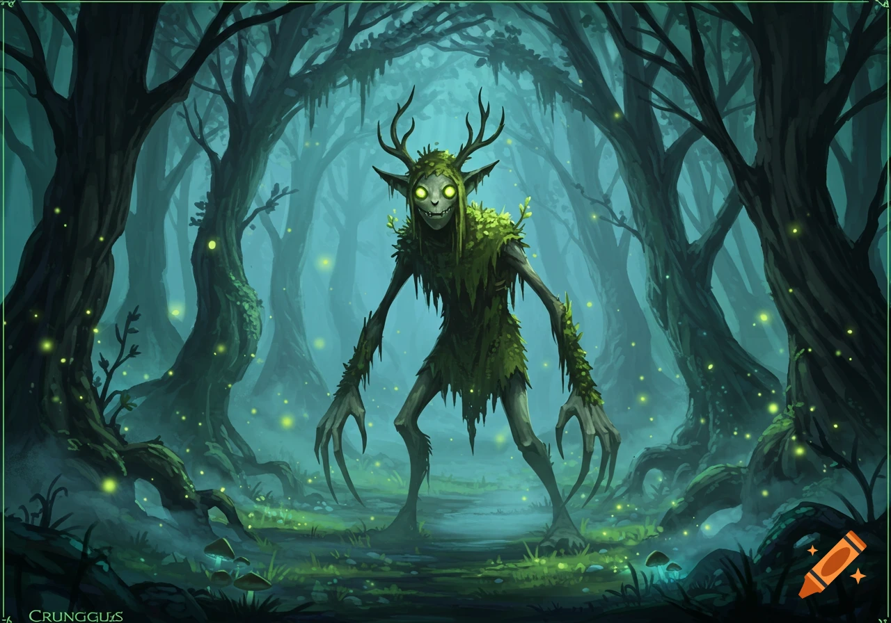 A creepy, antlered forest creature with glowing eyes, covered in leaves ...