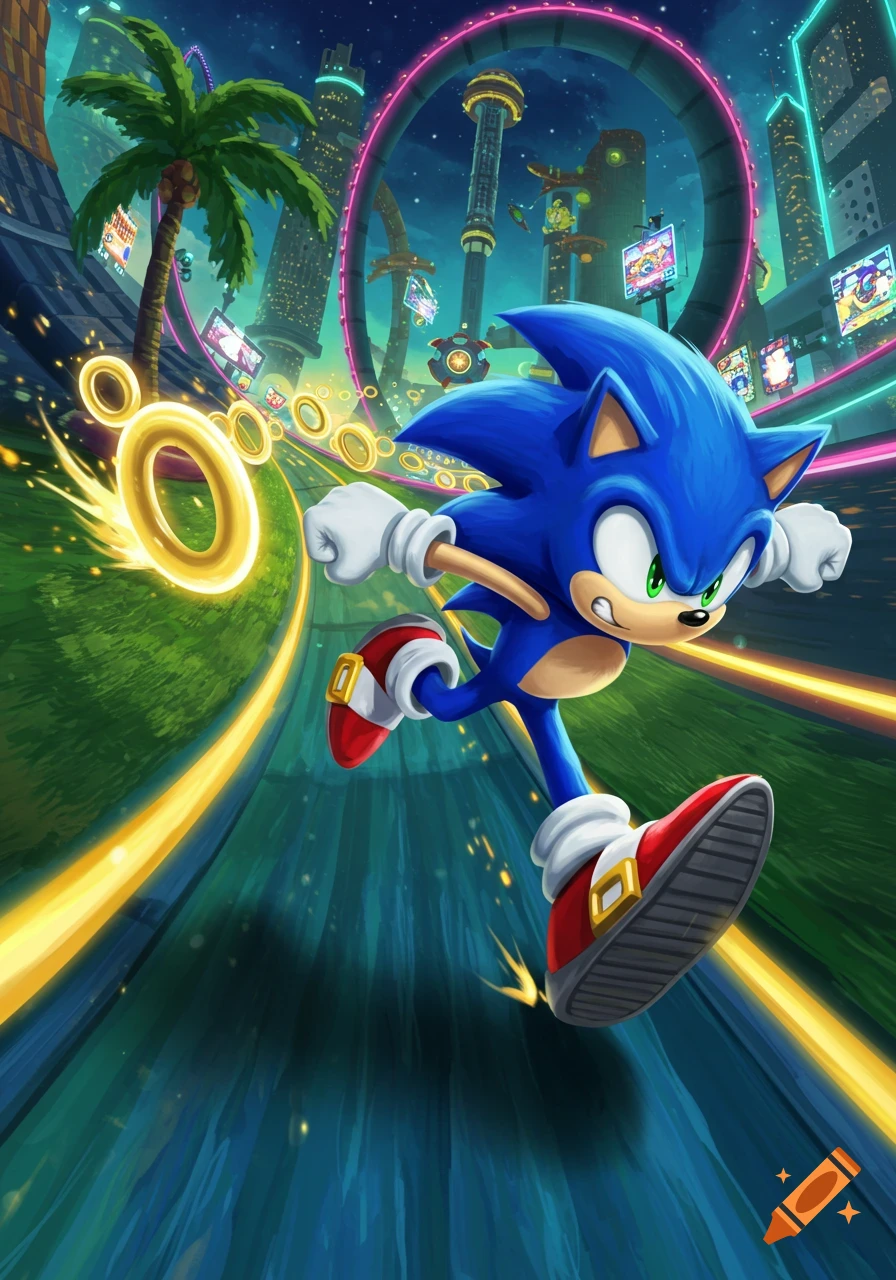 Sonic the Hedgehog and a winged duck character clash above a city at ...