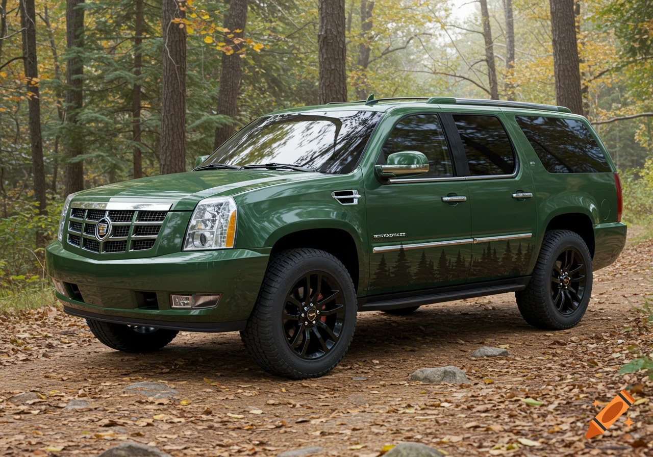 A dark green Cadillac Escalade SUV with black wheels and a subtle pine ...