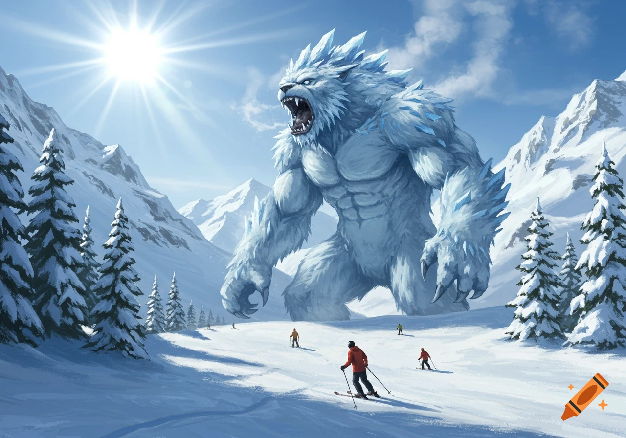 A giant, roaring ice monster with sharp crystals stands on a bright ...