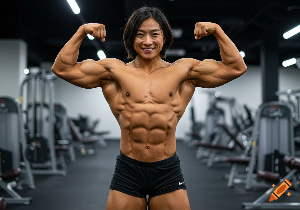 Muscular Asian bodybuilder with a friendly smile flexing in a gym ...