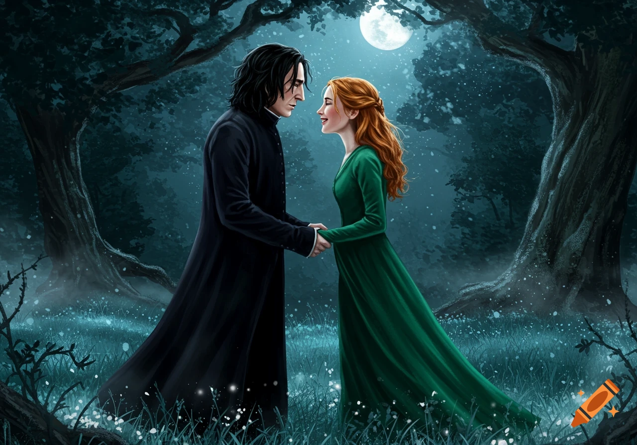 Two women in long flowing dresses, one in dark blue and one in orange ...