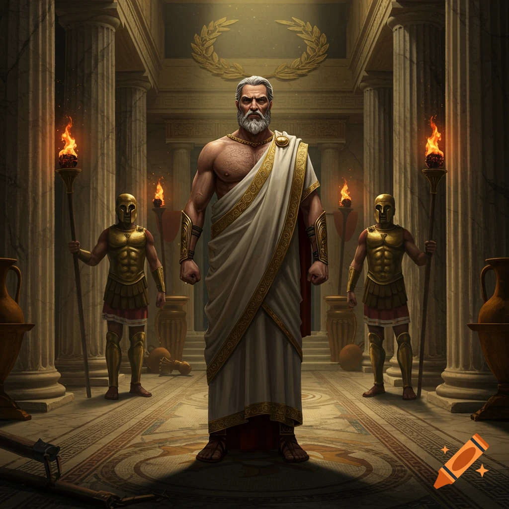 Muscular ancient Greek athletes in white tunics in a sunlit stadium ...