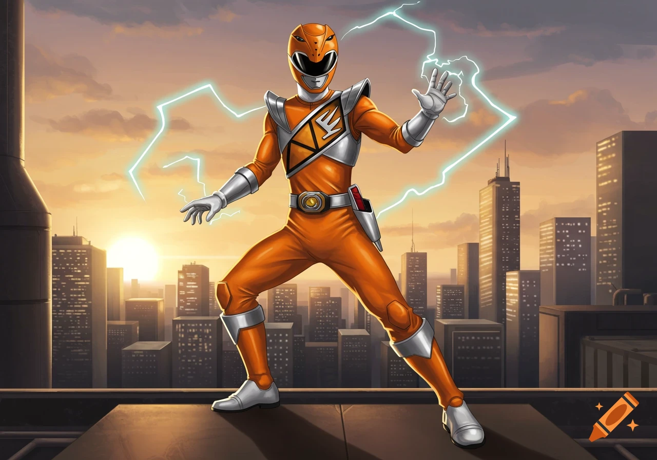 A pink Power Ranger-like superhero stands on a city rooftop at sunset ...