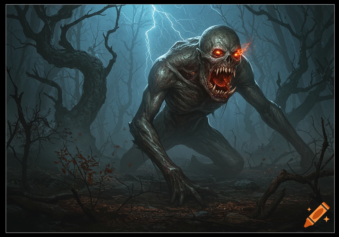 A skeletal monster with glowing yellow eyes, sharp teeth, and a long red tongue crawls through a ...