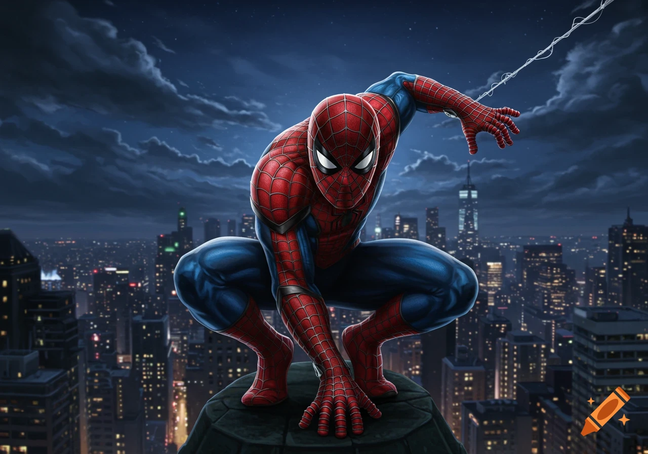 Spider-Man crouches, casting webs above a detailed cityscape at sunset ...