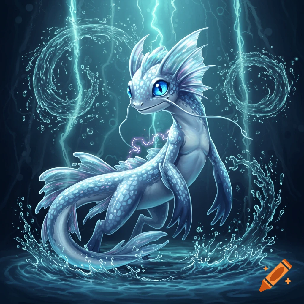 A cute blue scaly fish-like dragon creature with large blue eyes and ...