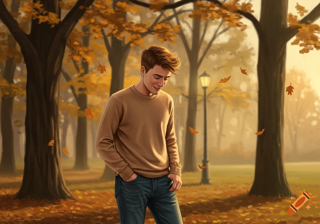 A young boy in a blue jacket stands in a misty forest with melting snow ...