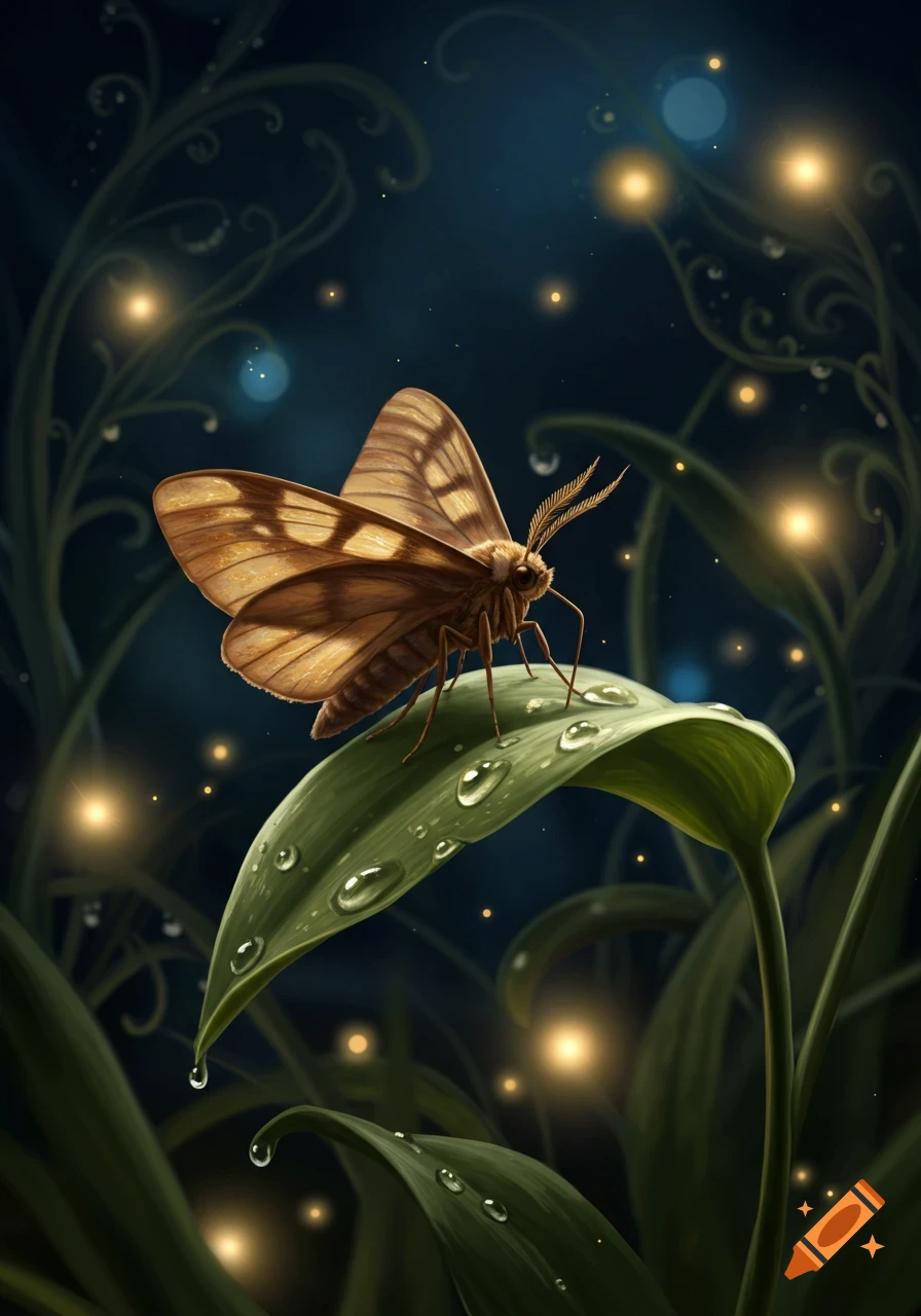 A brown moth with striped wings sits on a dewy green leaf at night ...