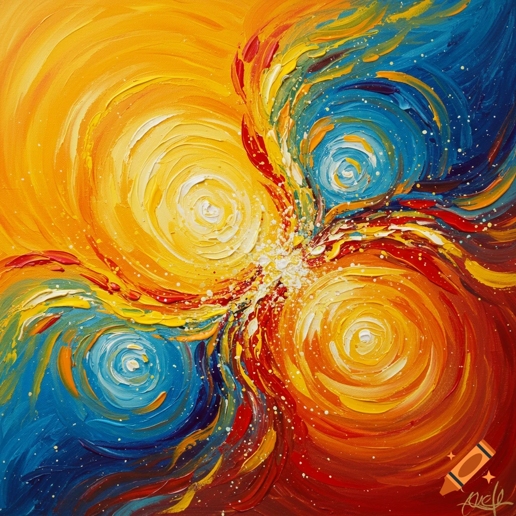 Vibrant abstract painting with swirling yellow-orange and blue-red ...