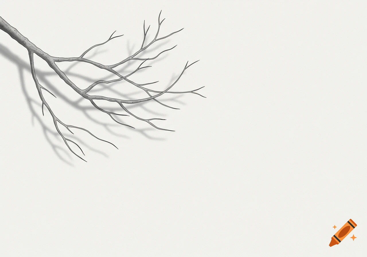 A minimalist drawing of a bare, grey tree branch with its shadow ...