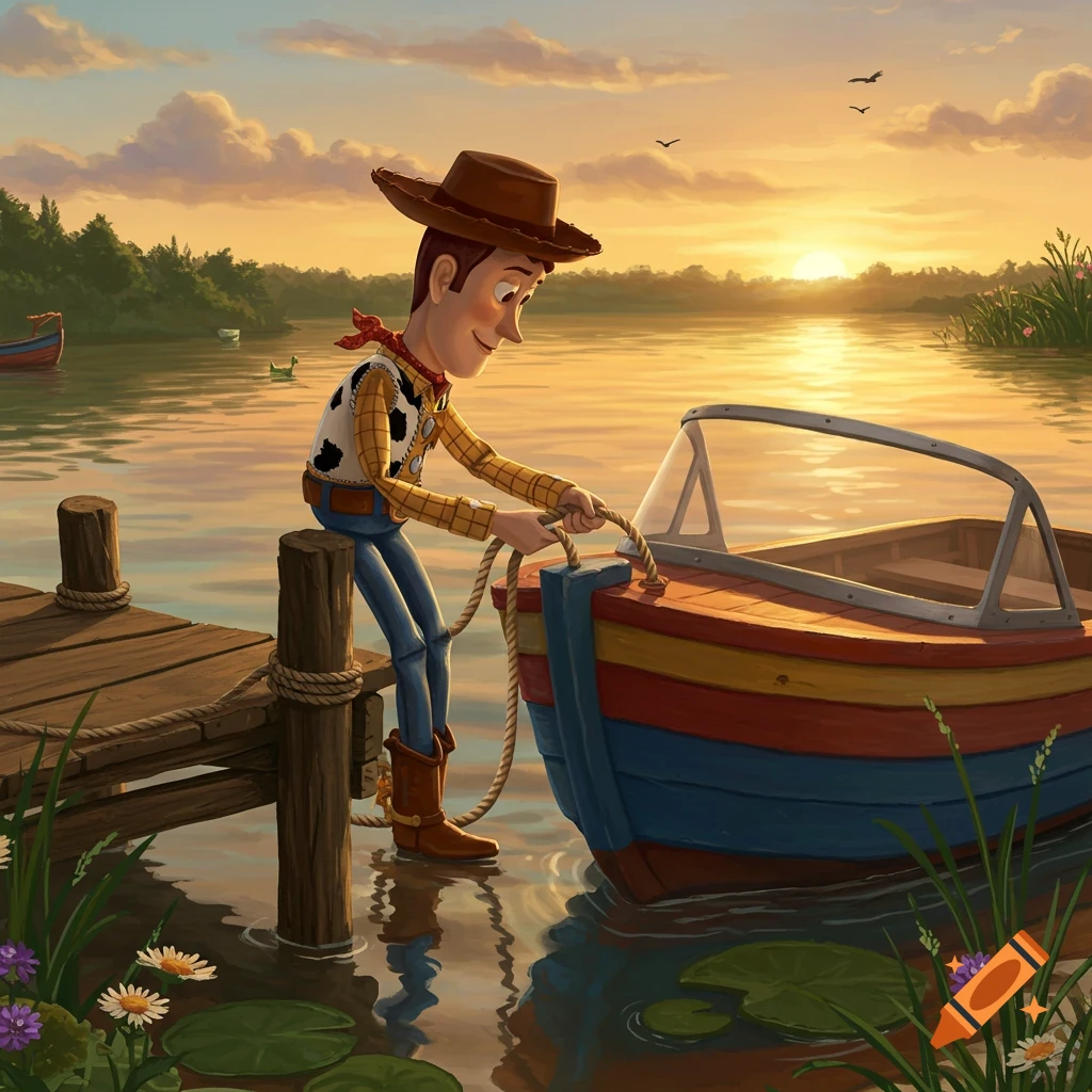 Animated Woody from Toy Story tying a colorful boat to a wooden dock at ...