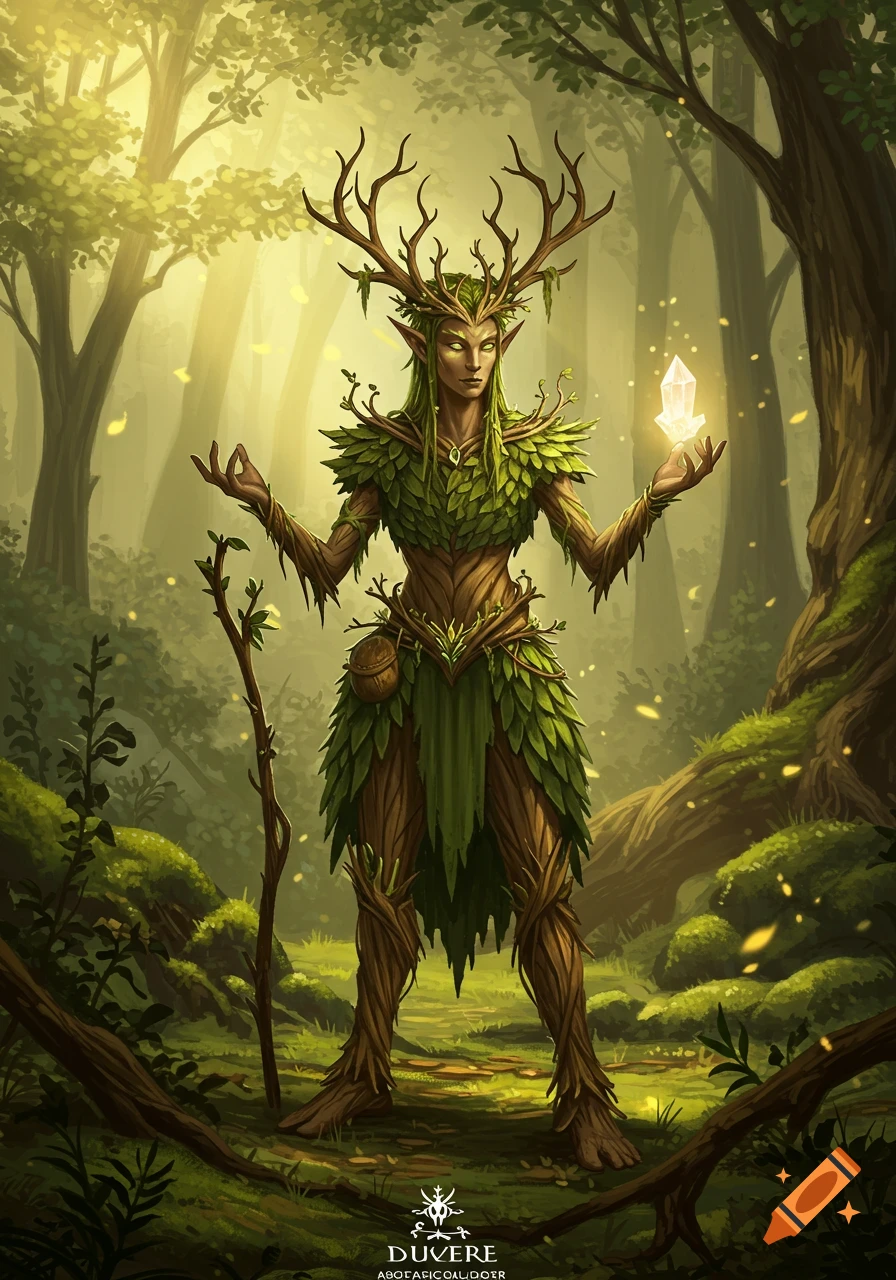 A female wood elf druid with antlers and leafy attire stands in a ...