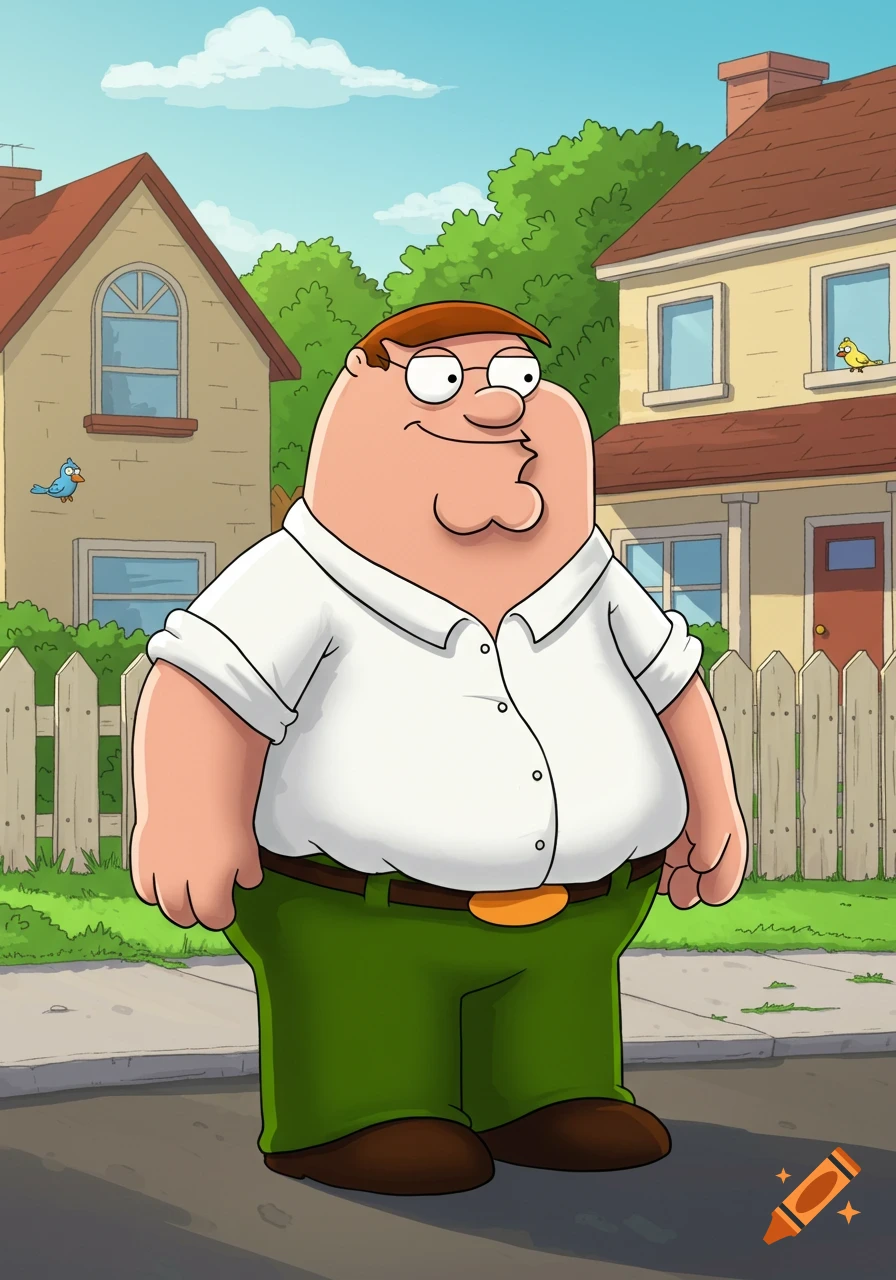 Peter Griffin standing on a suburban street in autumn with a brown ...