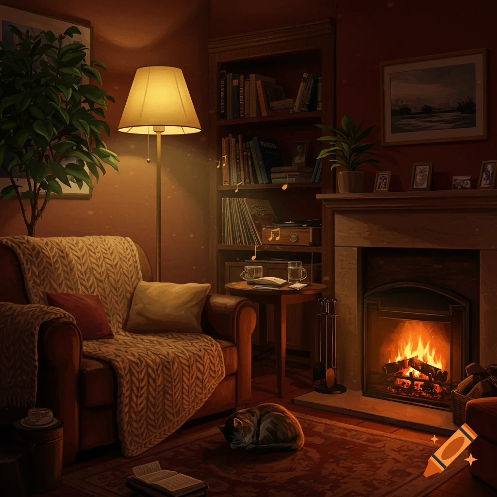 A cozy cell-shaded cabin living room with a stone fireplace, wood ...