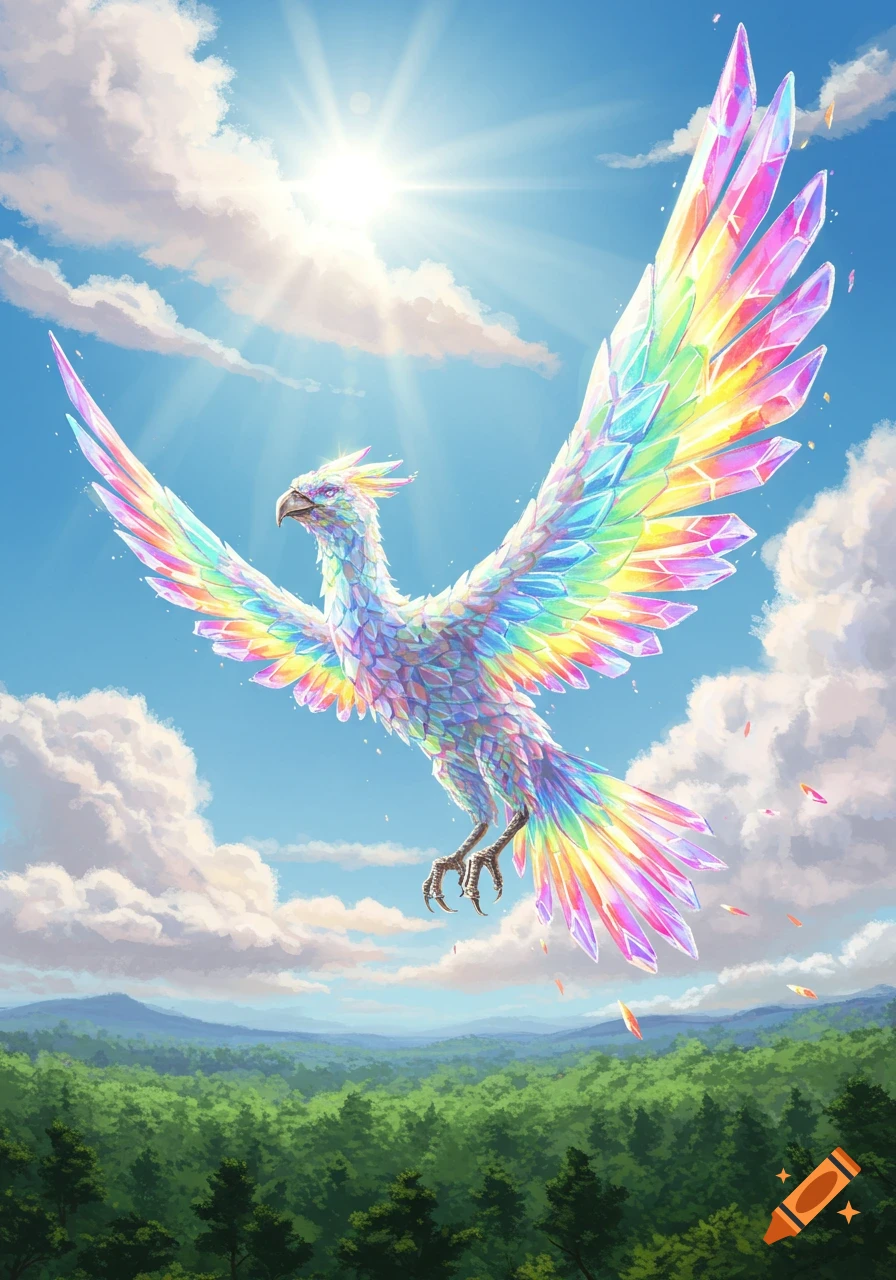 A pastel rainbow-colored cow with large iridescent angel wings flies in ...