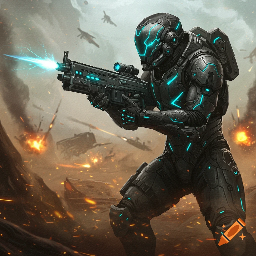A futuristic soldier in black and glowing blue armor fires a weapon on ...
