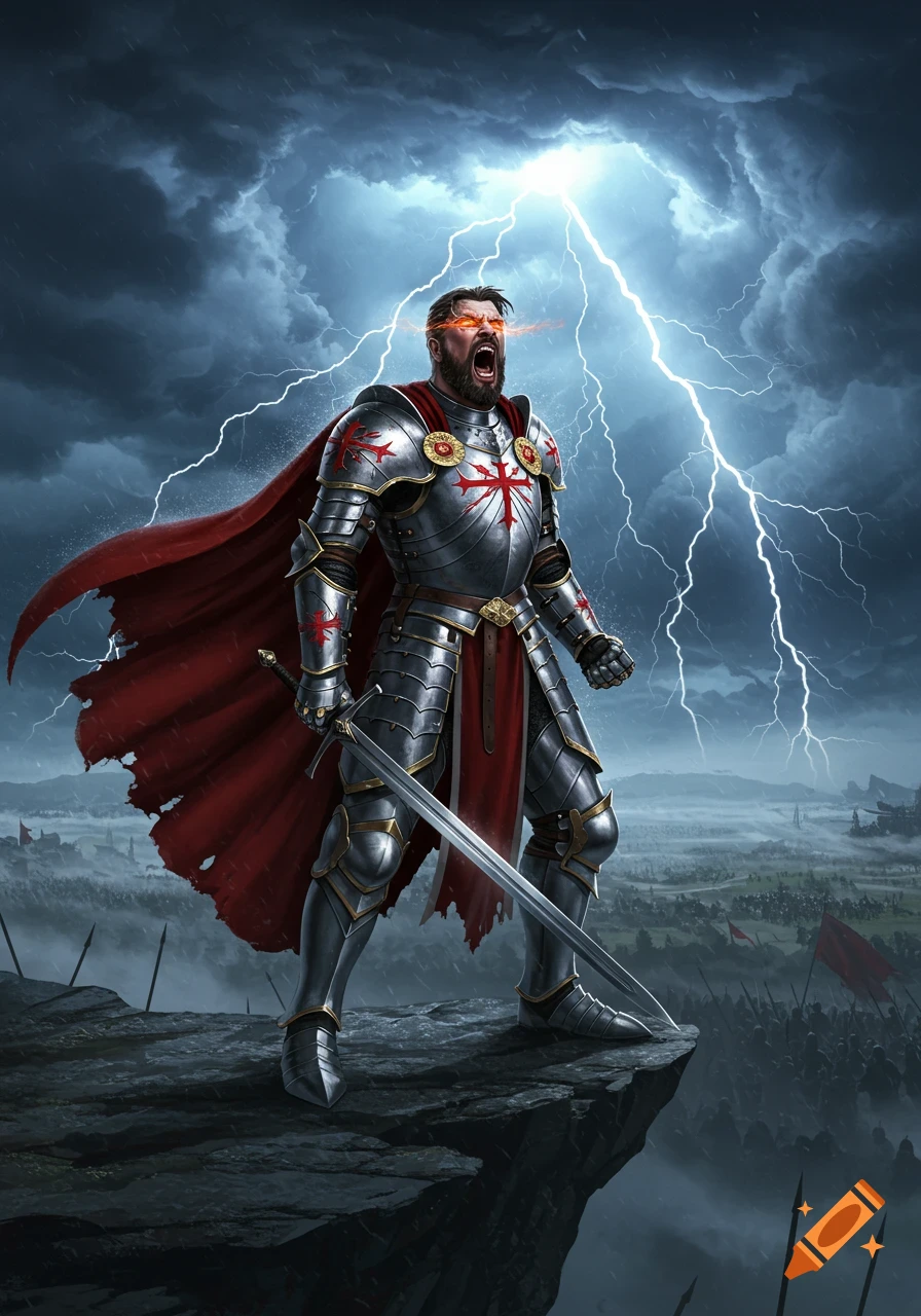 A roaring knight in shining armor with glowing eyes stands on a cliff ...