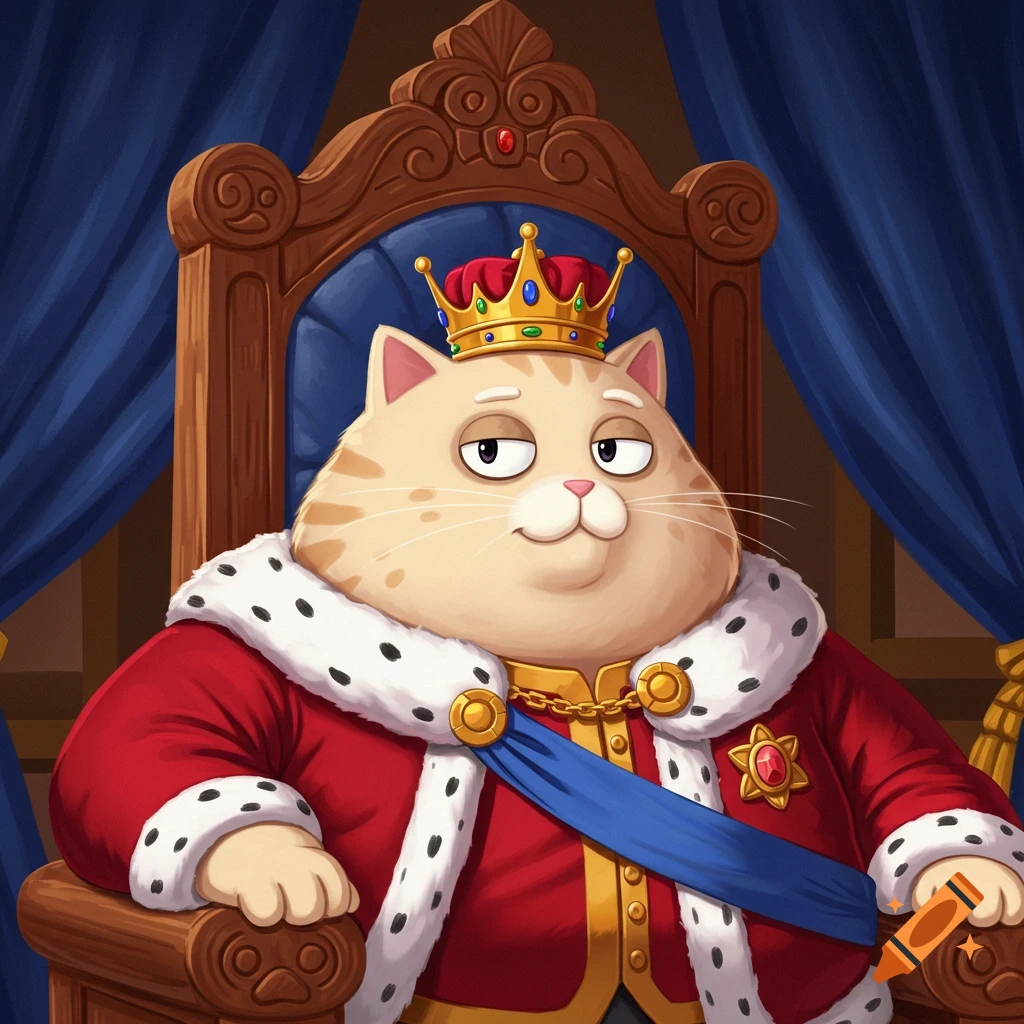 A portly cartoon cat king, wearing a golden crown, red robe with a fur ...