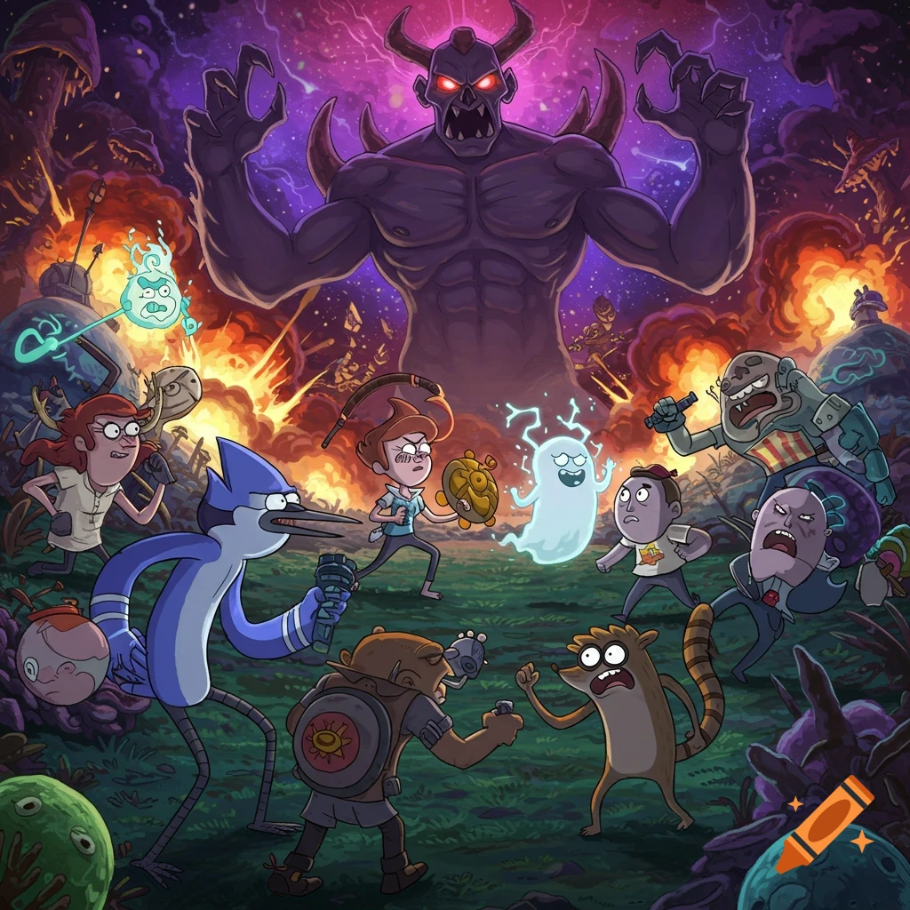 Vibrant cartoon battle scene with Regular Show characters Mordecai and ...