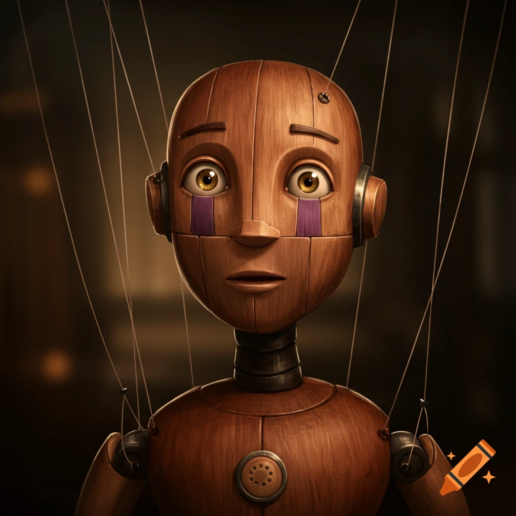 Multiple figures with angry child faces and bodies made of metal ...