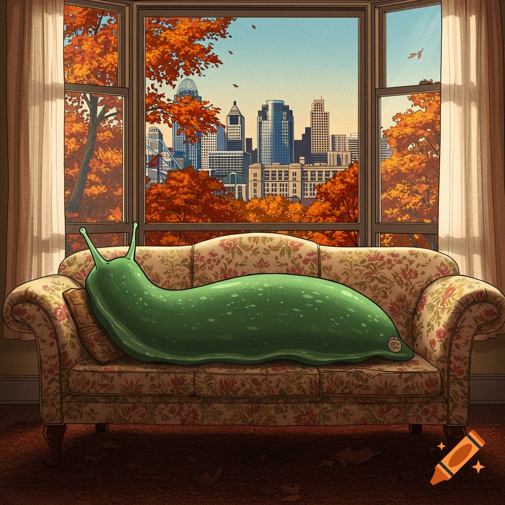 A giant green slug lies on a floral couch in a cozy room overlooking an ...