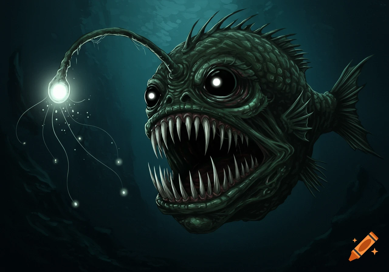 A cartoon anglerfish with sharp teeth tries to eat a glowing, laughing ...