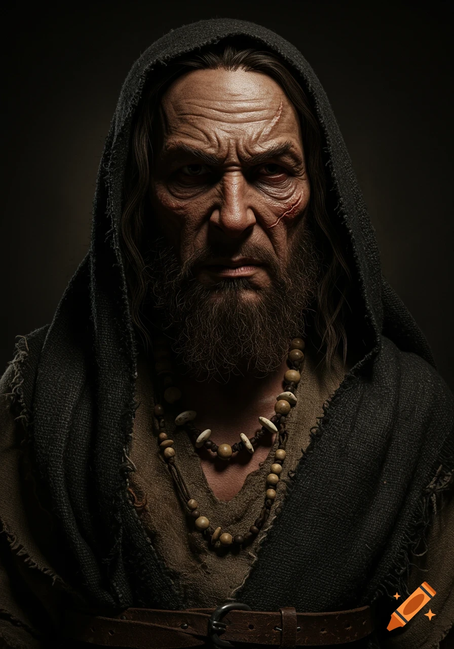 A photorealistic portrait of a sinister ancient man with a beard, scars, and a dark hooded cloak ...
