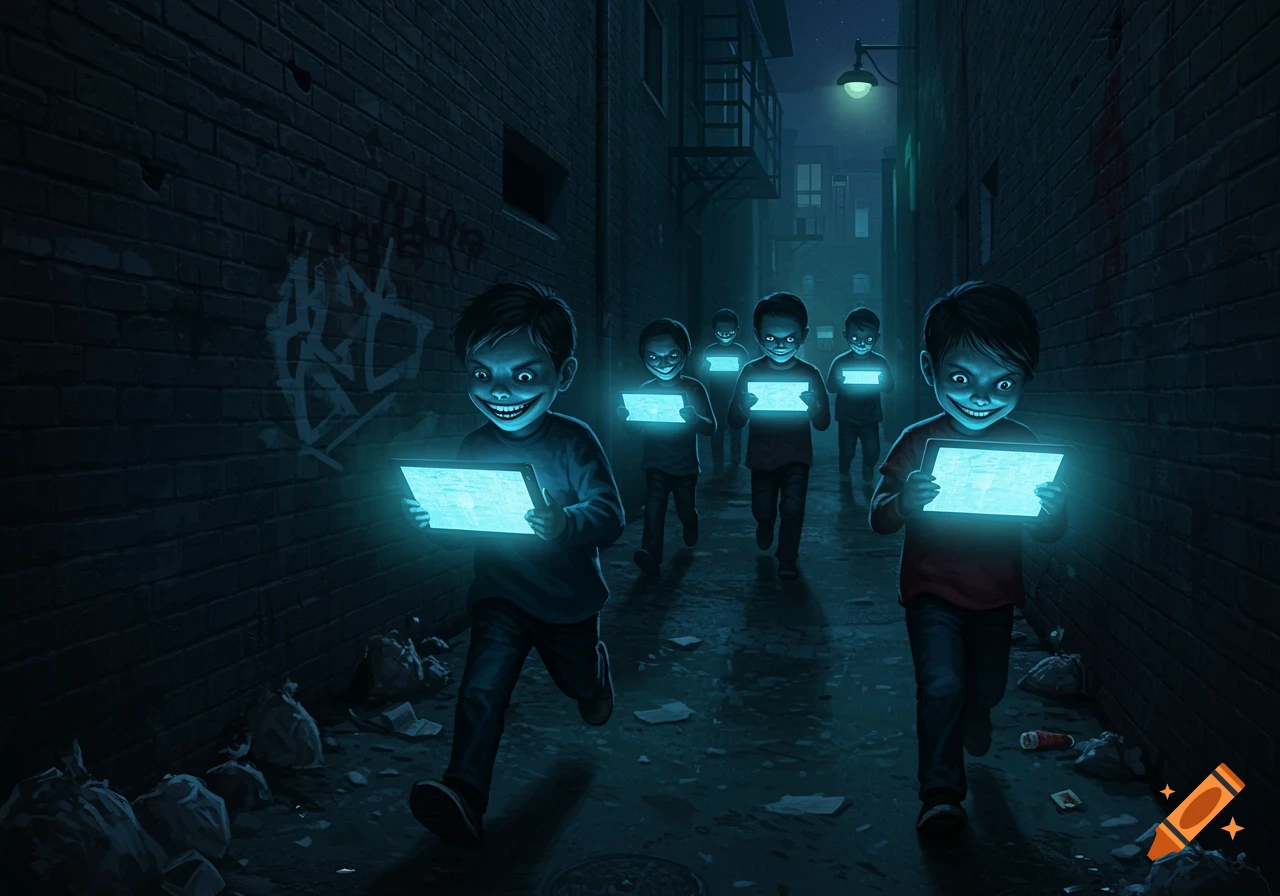 A group of creepy children with glowing eyes and sharp smiles run ...