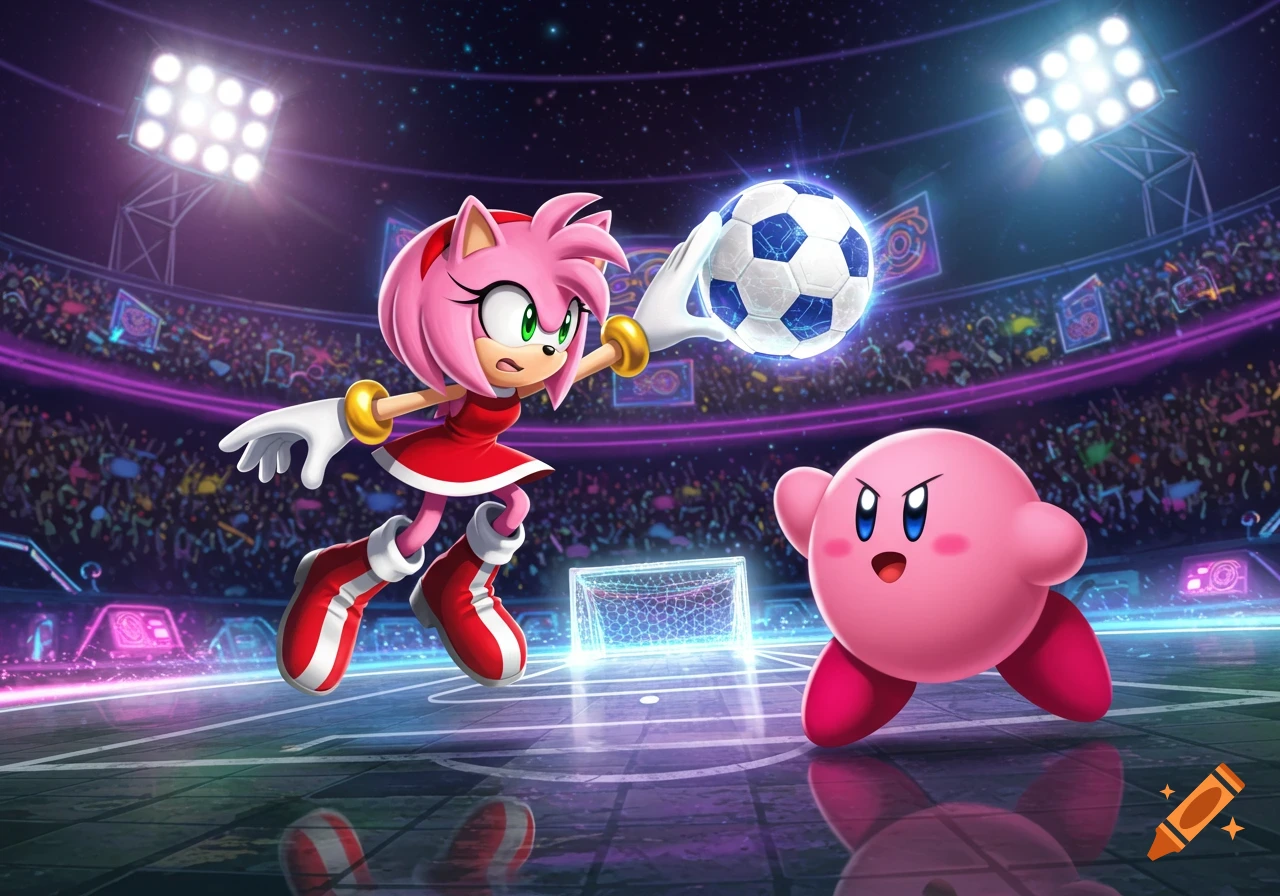 Amy Rose from Sonic the Hedgehog leaping to hit a soccer ball with ...