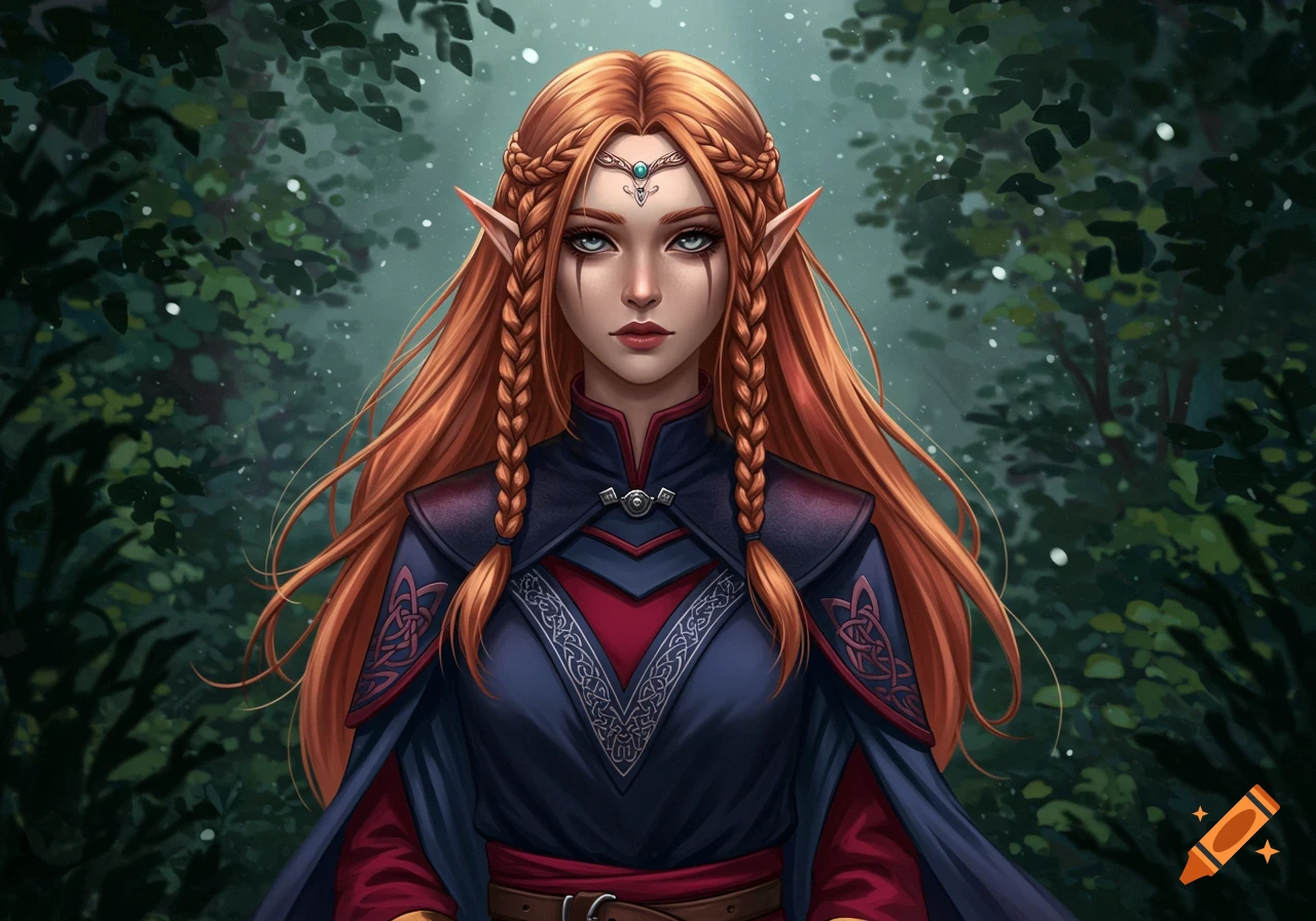 Digital painting of an elf girl with long red braided hair, pointed ...