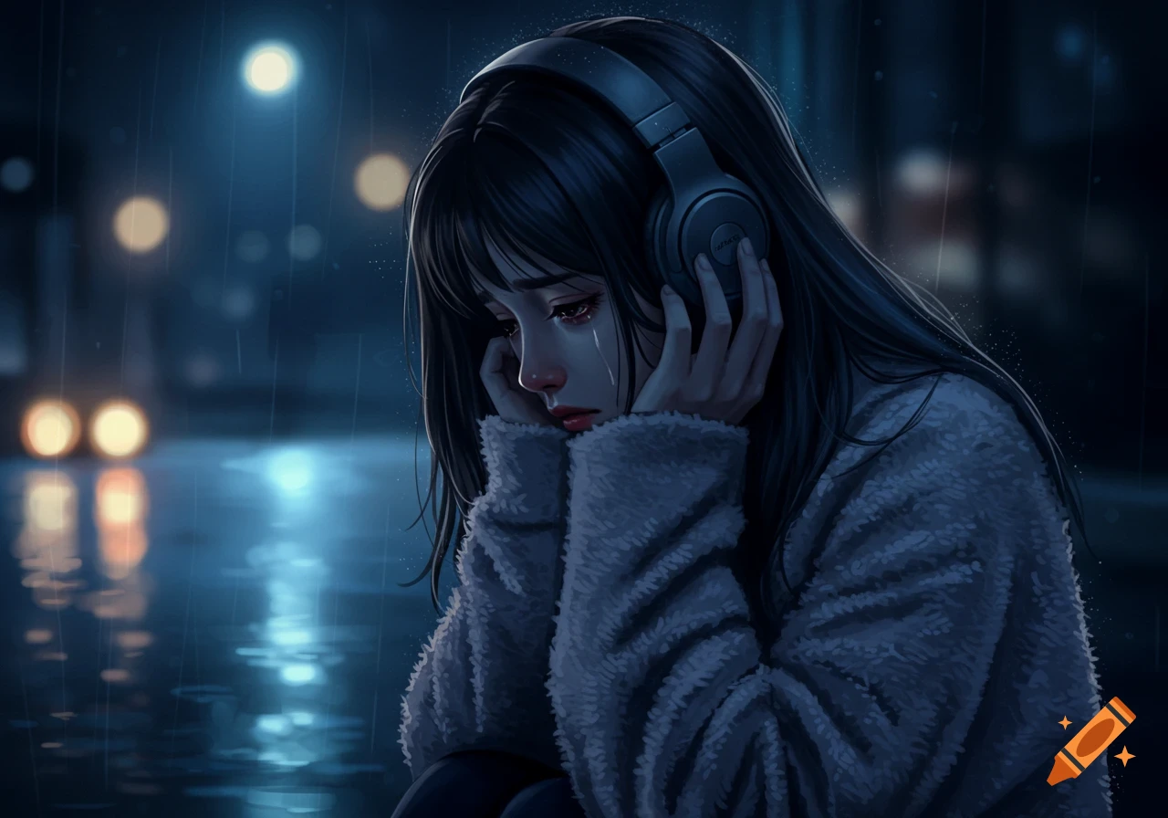 A boy in a dark hoodie stands in the rain at night under a streetlamp ...