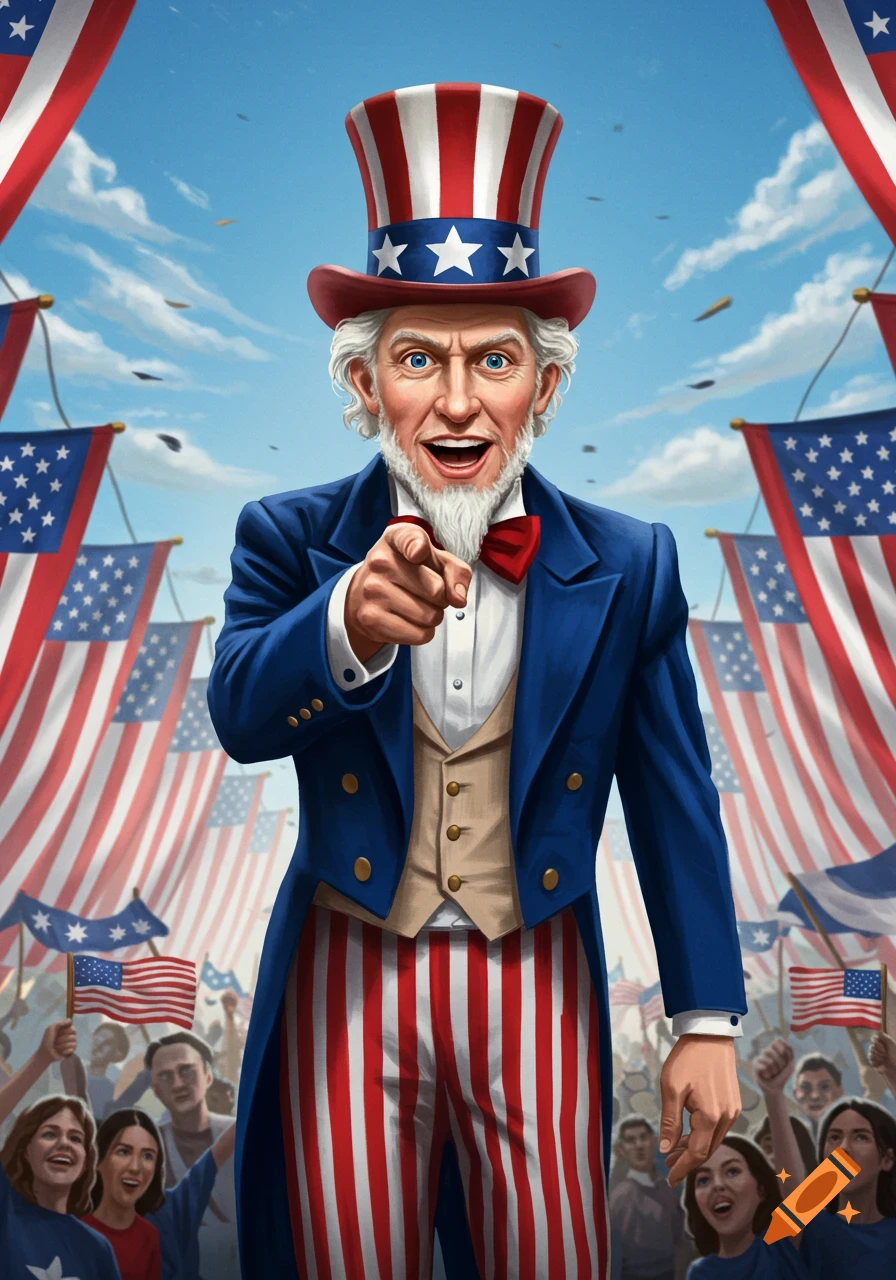 A large American flag waves over a grand brick building, with a smiling ...