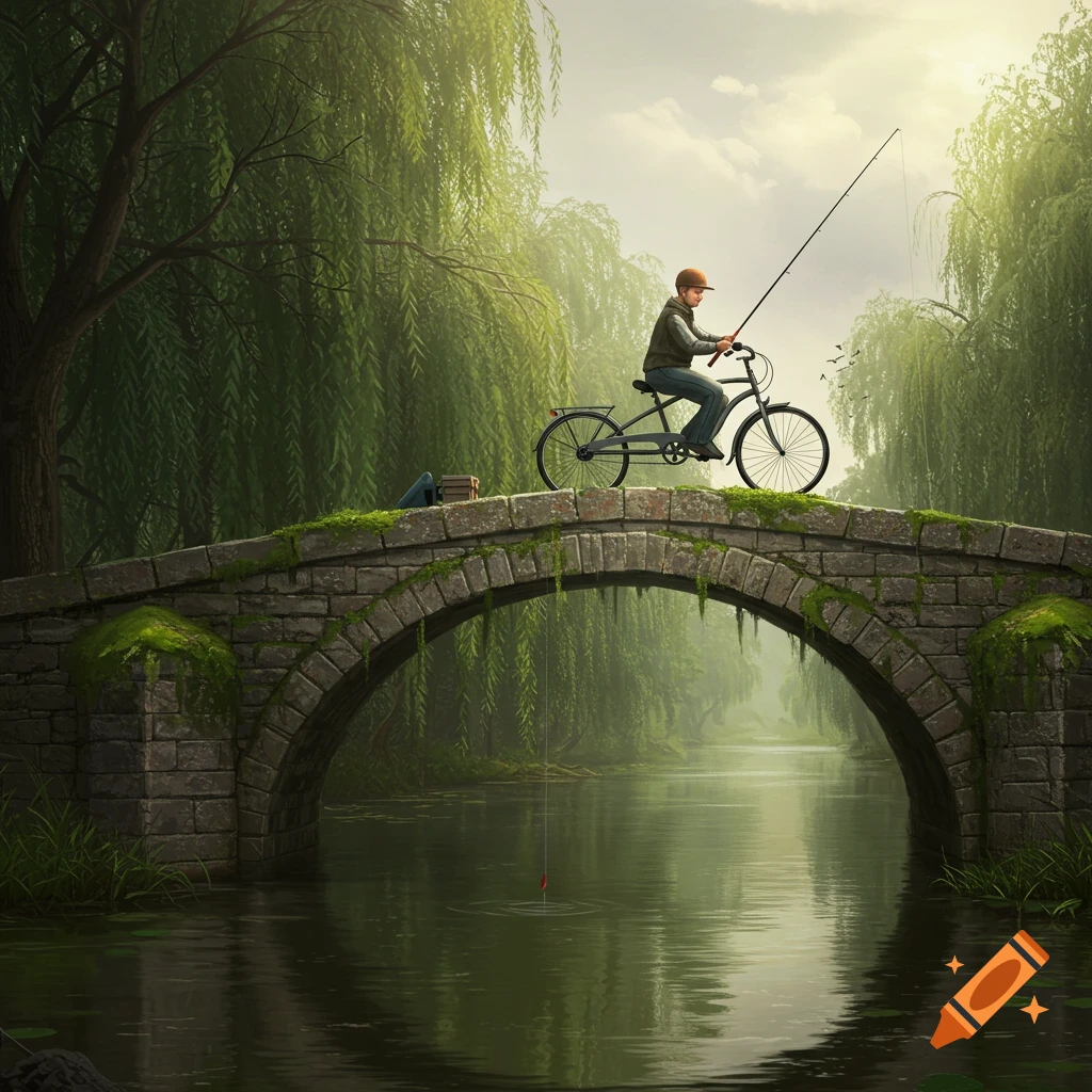 A boy on a bicycle fishes from an old mossy stone bridge over a serene ...