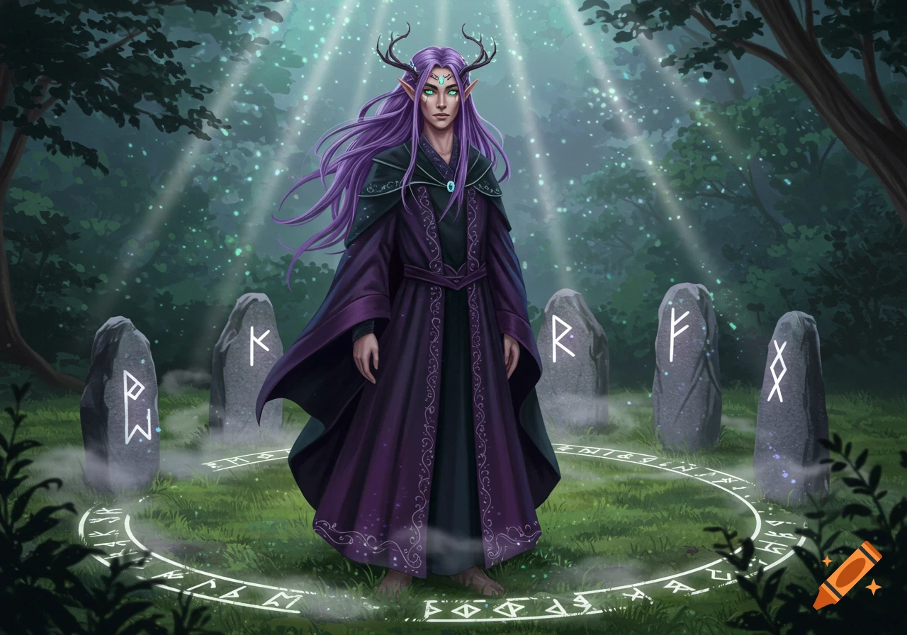 A pale elf with antlers and pointed ears in purple robes stands in a ...