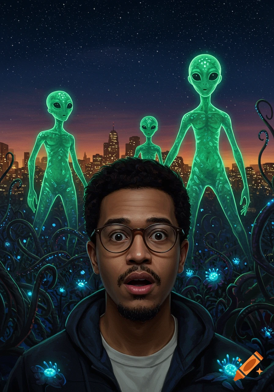 A shocked man with glasses looks at three glowing green aliens and ...