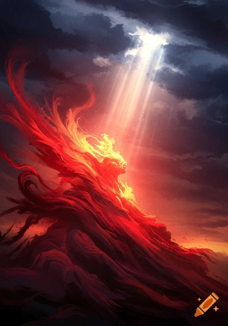 A demon with glowing red eyes climbs a golden stairway emerging from ...