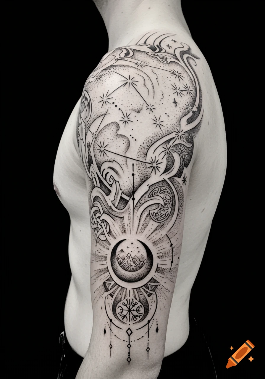 A photorealistic tattoo of wet, mossy, cracked grey stones with water ...