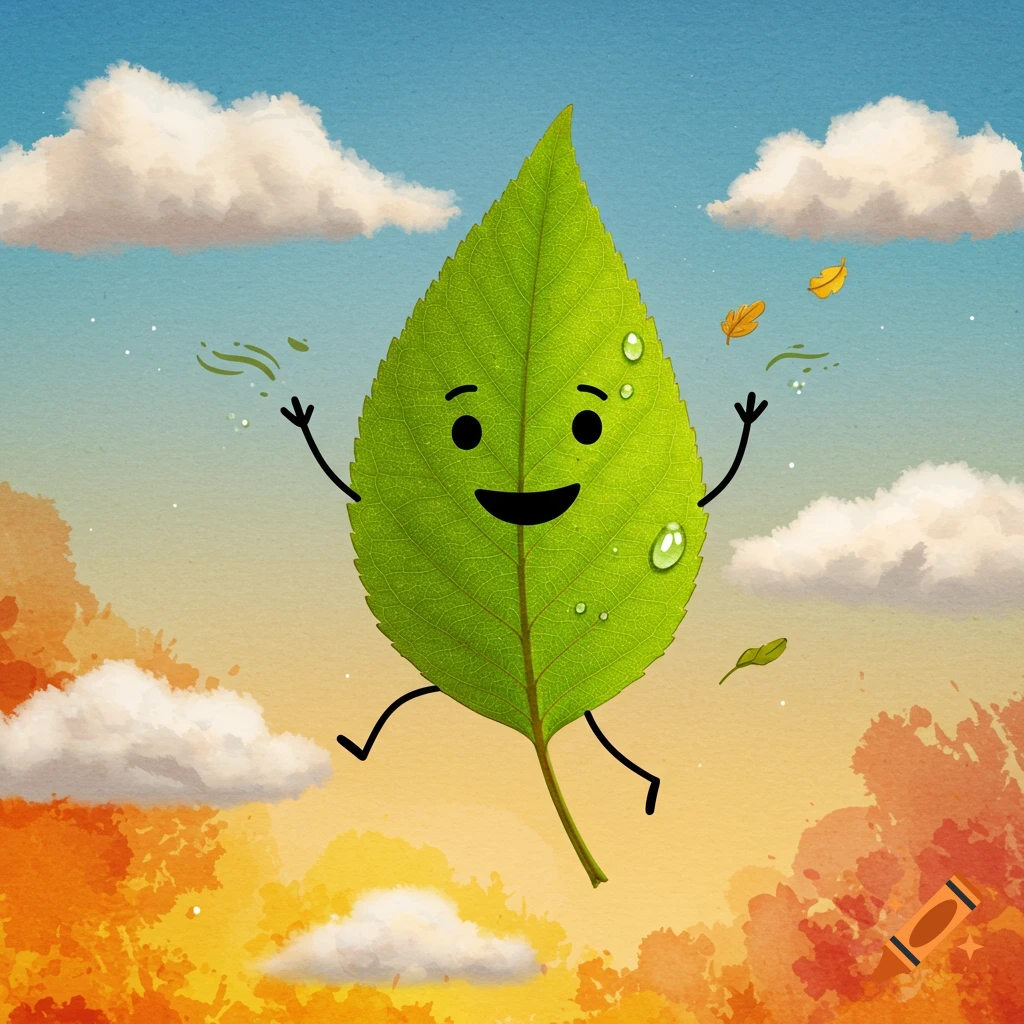 A happy green cartoon leaf character with stick arms and legs jumps in ...