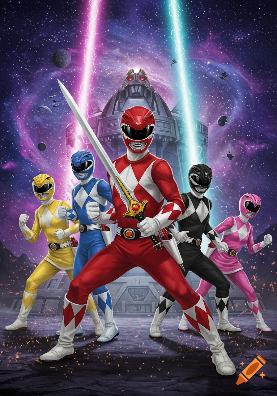 Red, Yellow, Blue, Black, and Pink Power Rangers stand heroically with ...